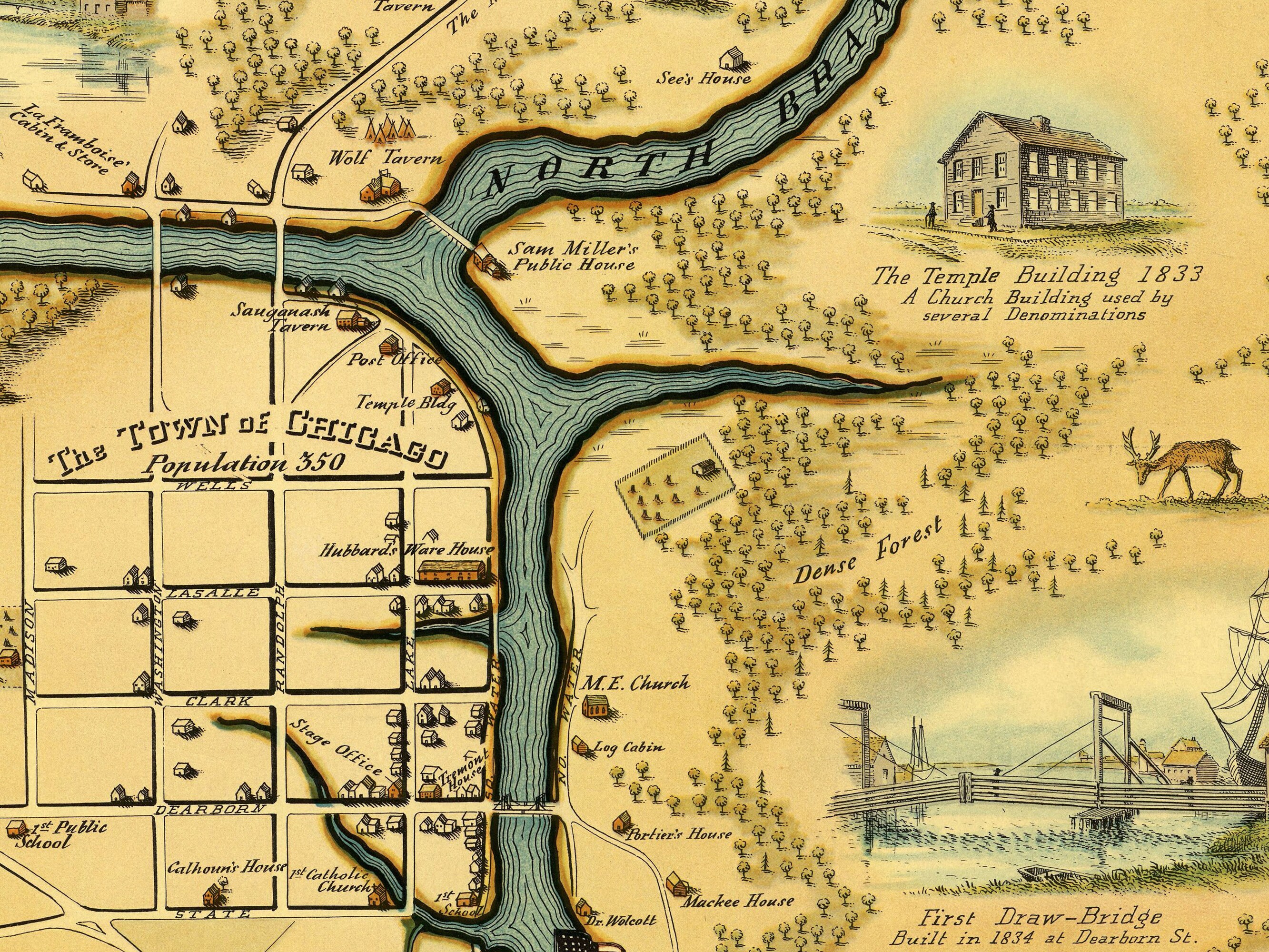 Vintage Pictorial Map of Chicago 1833 Illustrated American History Lake ...