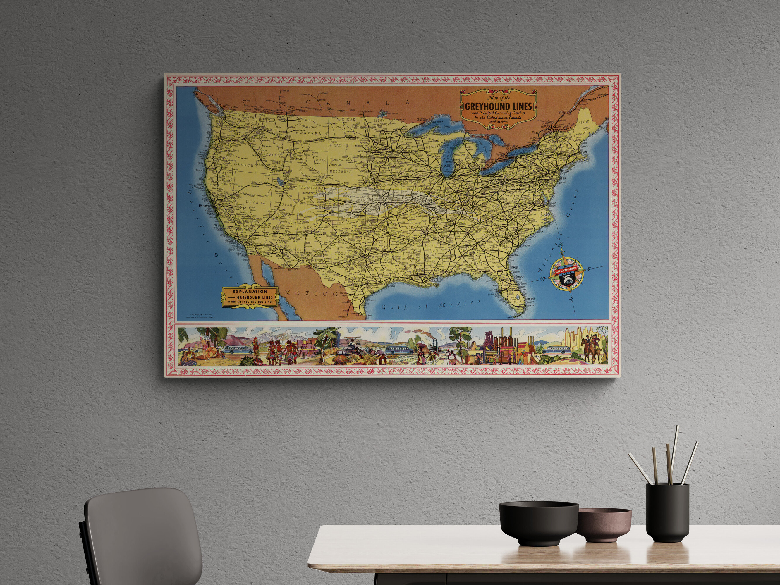 Vintage Greyhound Bus Lines Map 1939 USA Transport Routes A Good ...