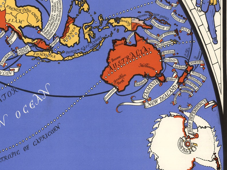 Vintage 1937 Steamship Routes World Map: Retro English Postal Art Print ...
