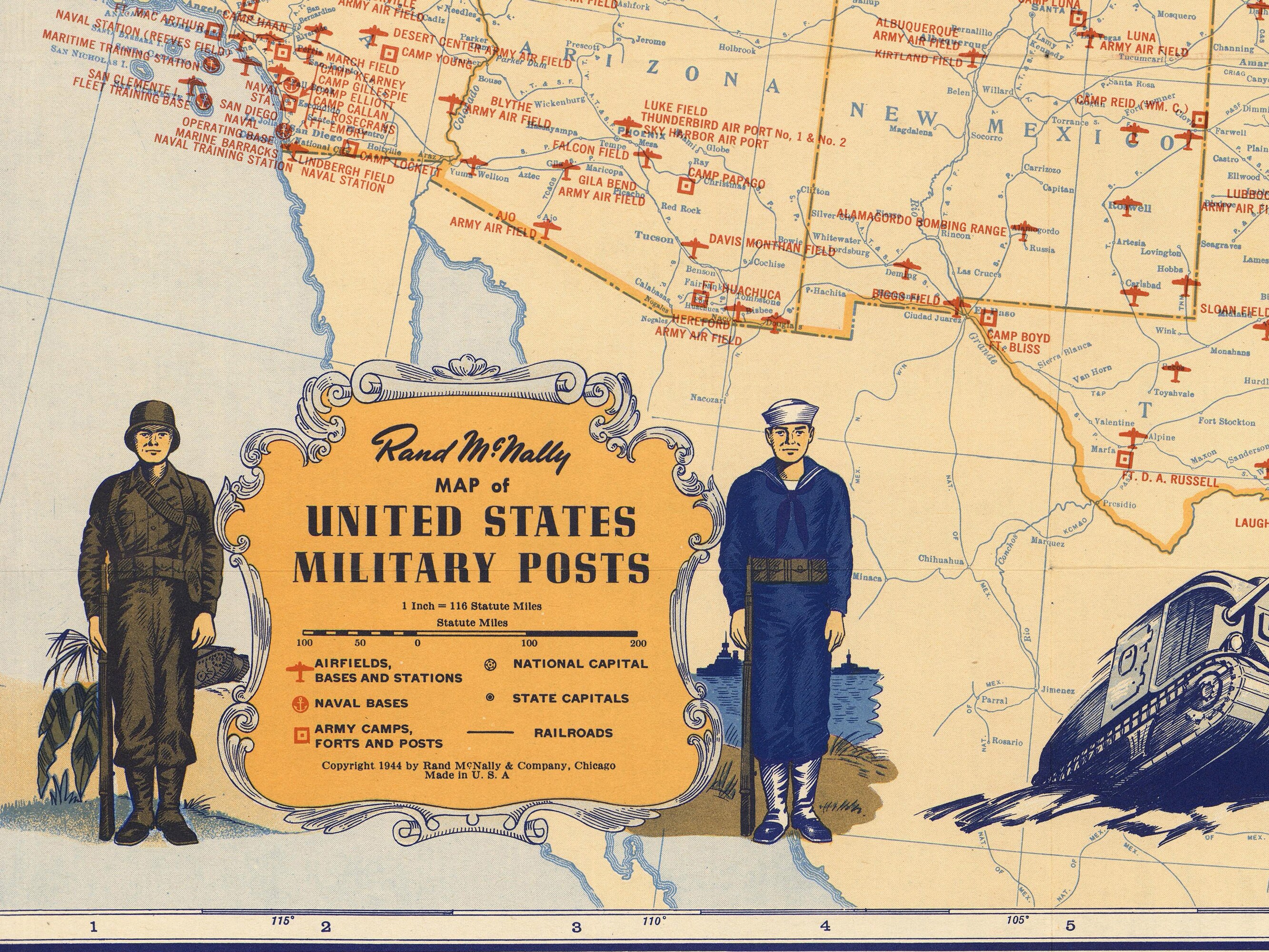 Vintage WW2 Map of United States Military Posts and Bases 1944 USA Army ...