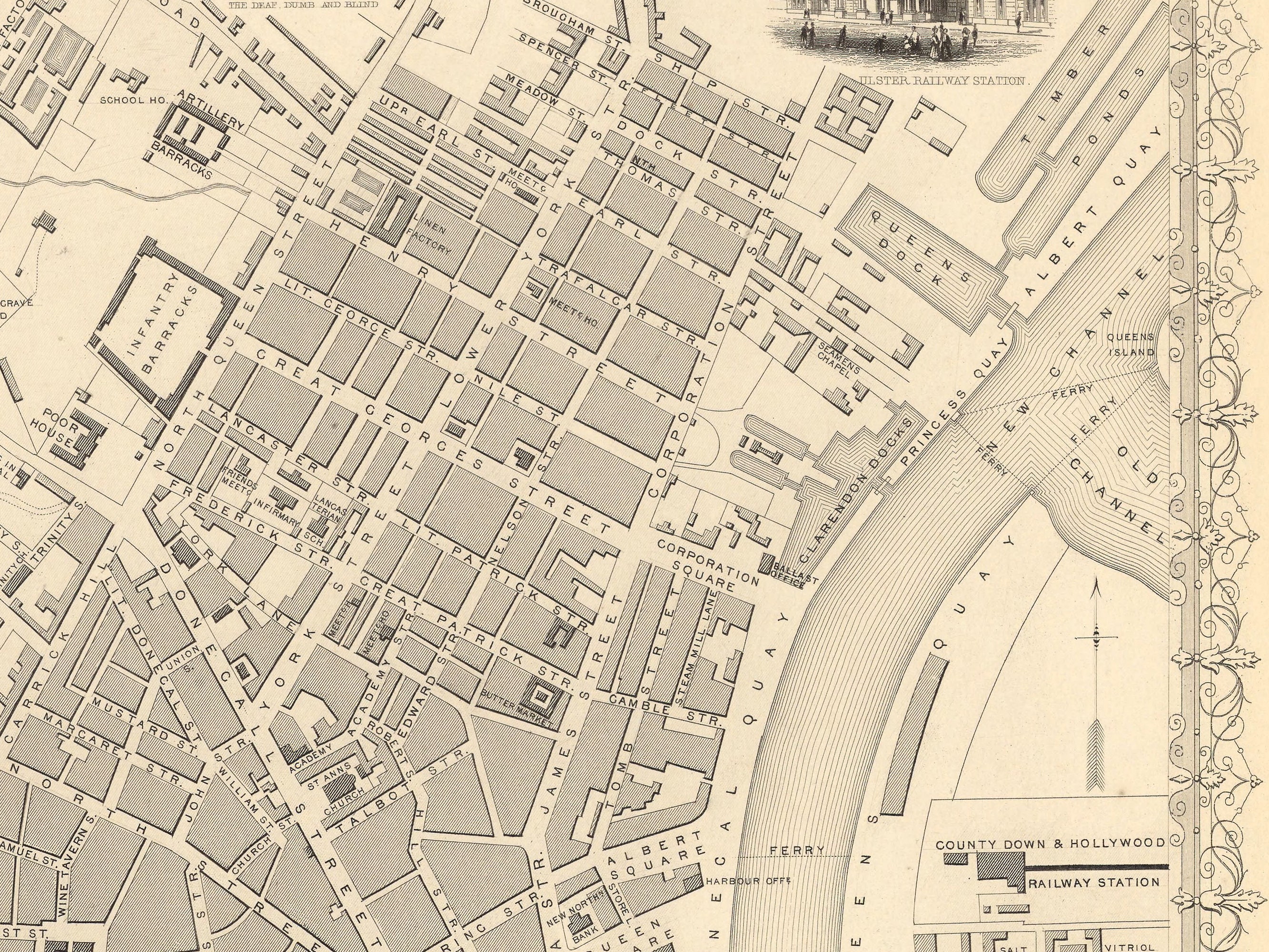 Vintage Map of Belfast Northern Ireland 1851 Irish History Streets Old ...
