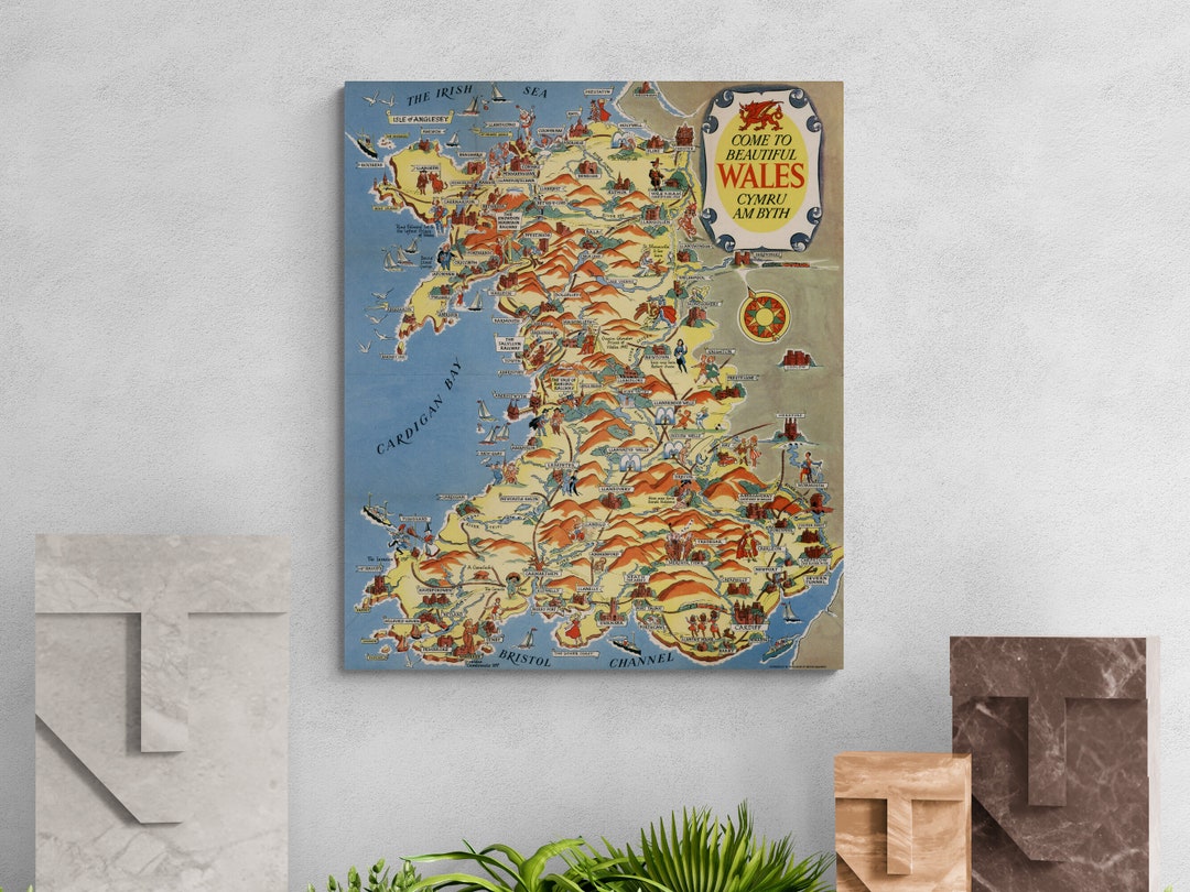 Alte Karte von Wales Wales Cymru Am Byth 1953 Antiker illustrierter Druckplakat Cardiff ...