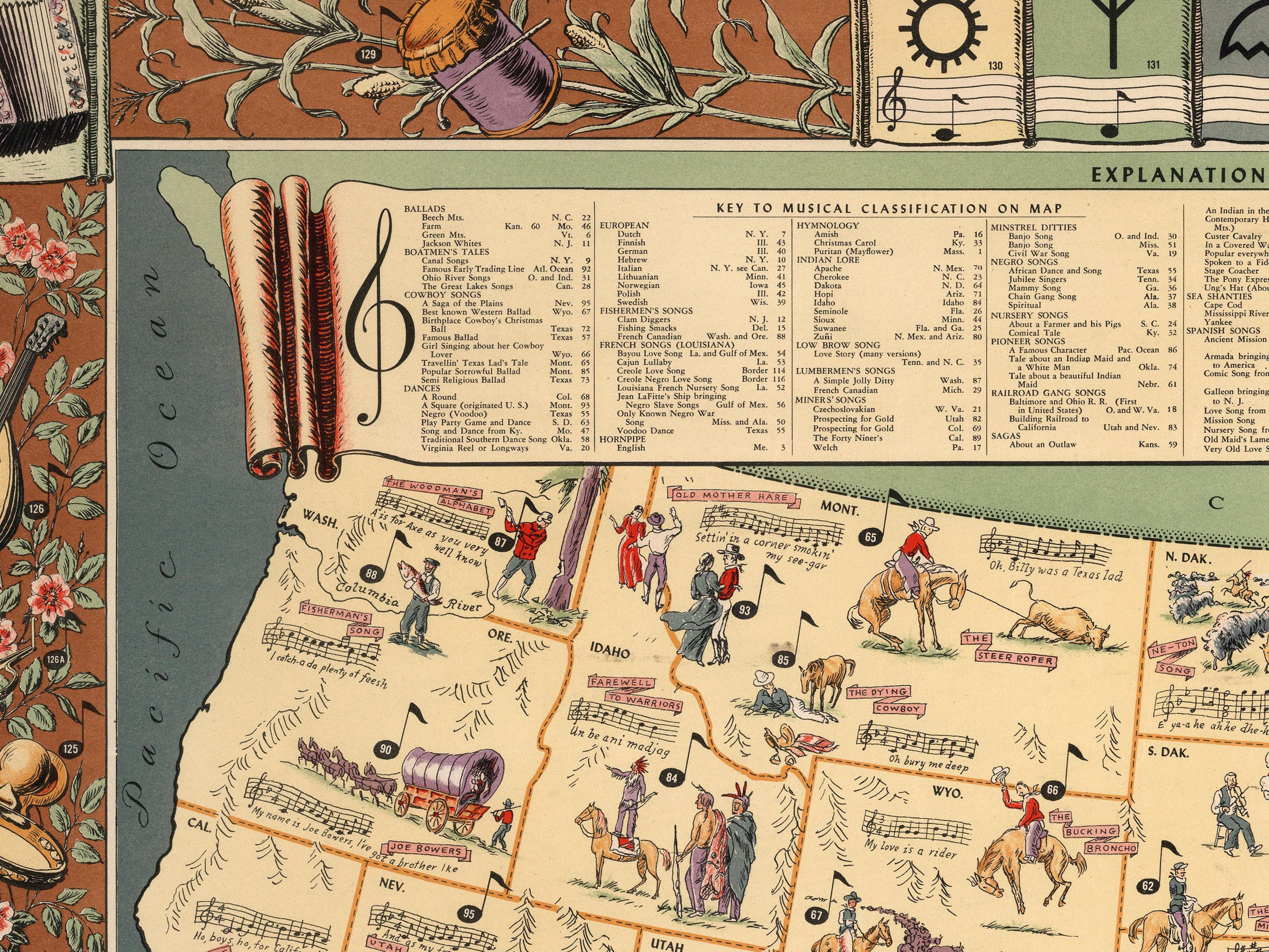 Old Pictorial Folklore Music Map of the United States 1946 American ...