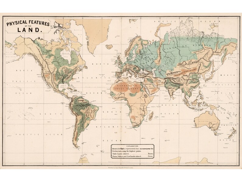 Retro World Map Physical Features OF the Land 1862 Old Map - Etsy Australia