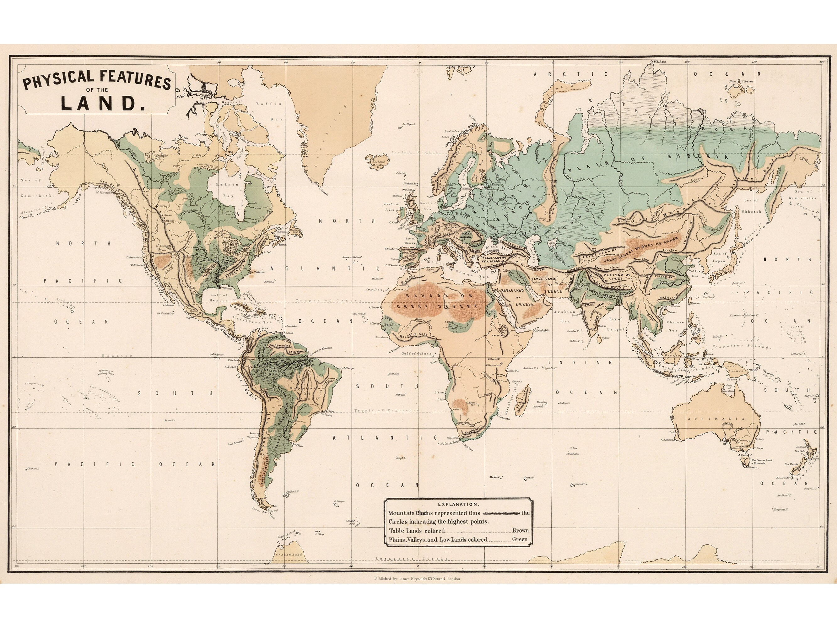 Retro World Map Physical Features OF the Land 1862 Old Map - Etsy Australia