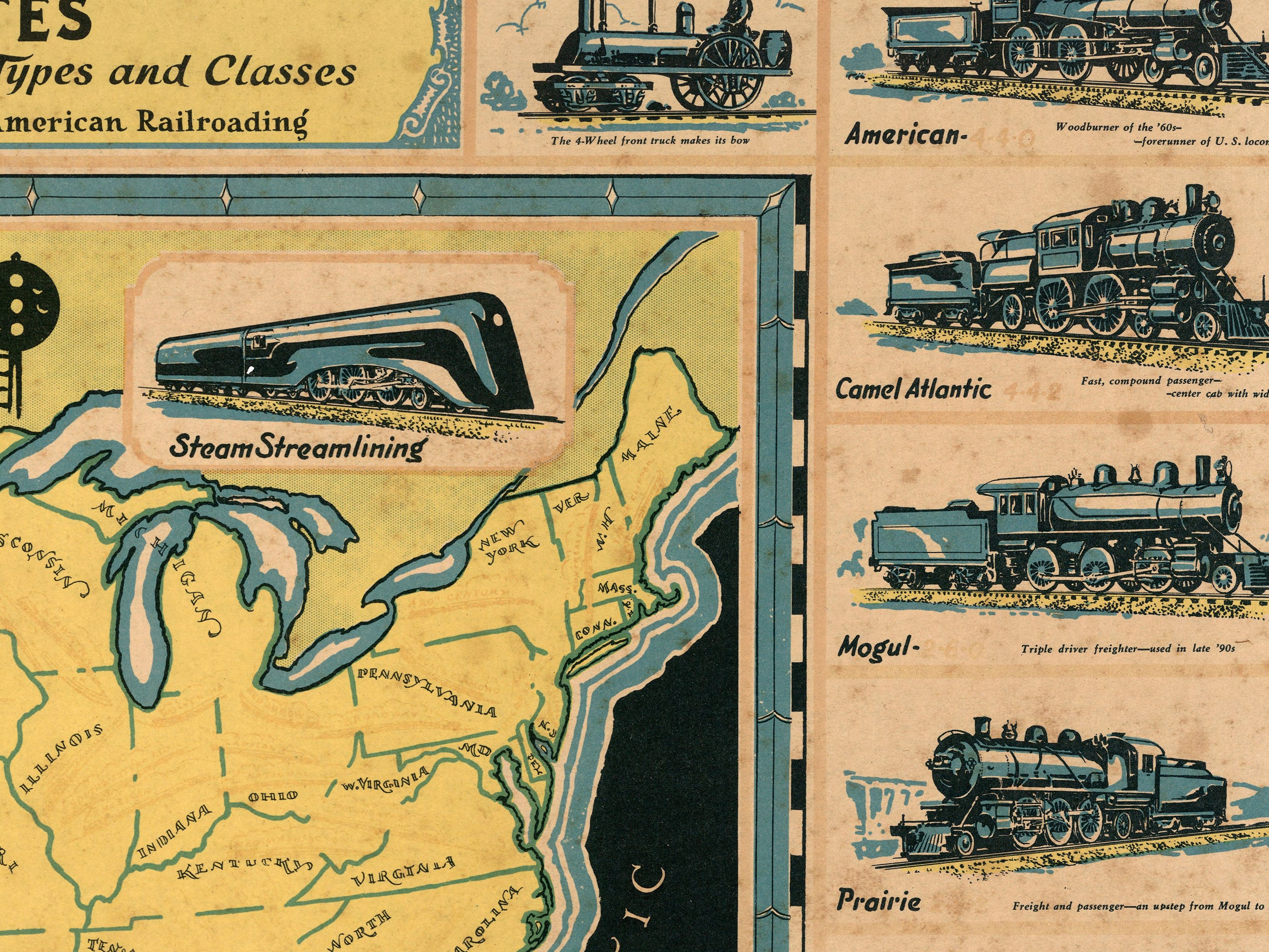 Vintage Locomotive Map of the United States 1935 Train Types Classes ...