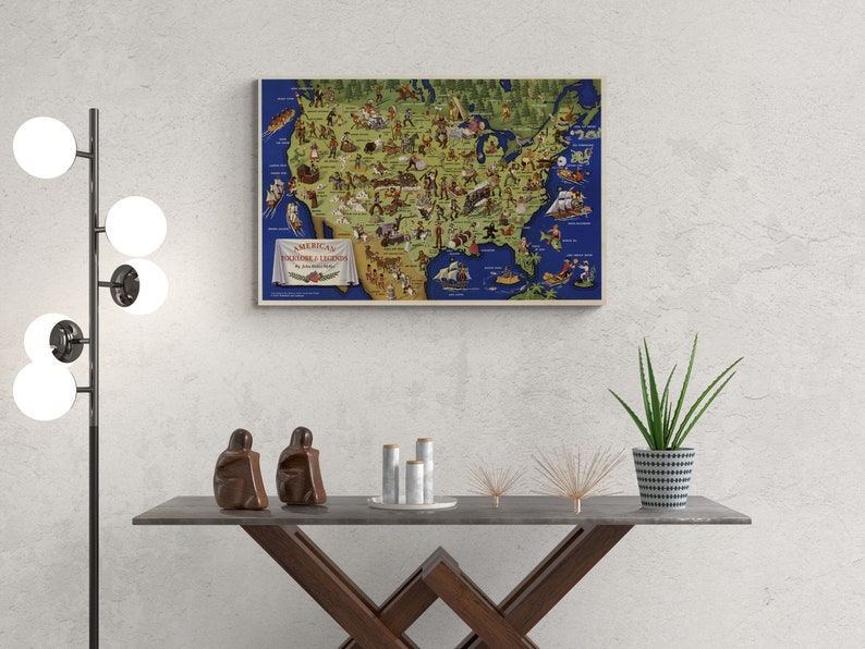 Vintage Map American Folklore and Legends USA History Illustrated Local ...