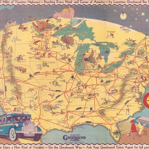Vintage Greyhound Bus Lines Map of America 1932 Old Travel Map Antique ...