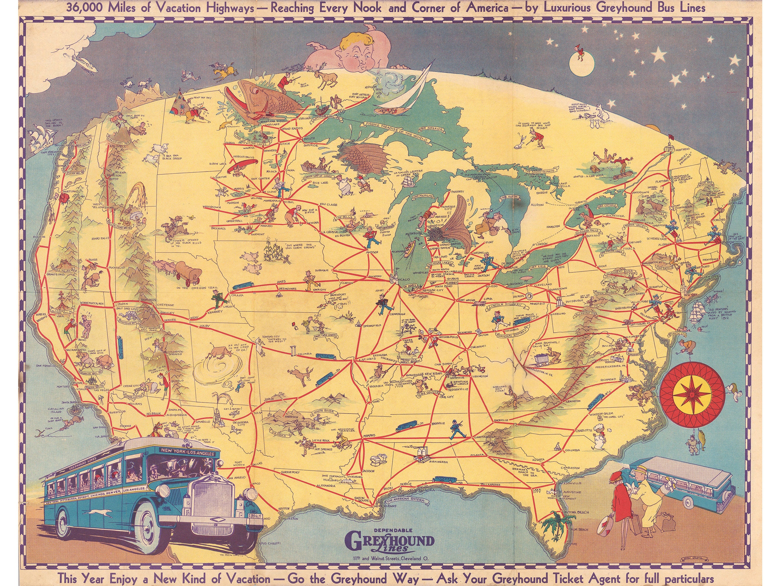 Vintage Greyhound Bus Lines Map of America 1932 Old Travel Map - Etsy