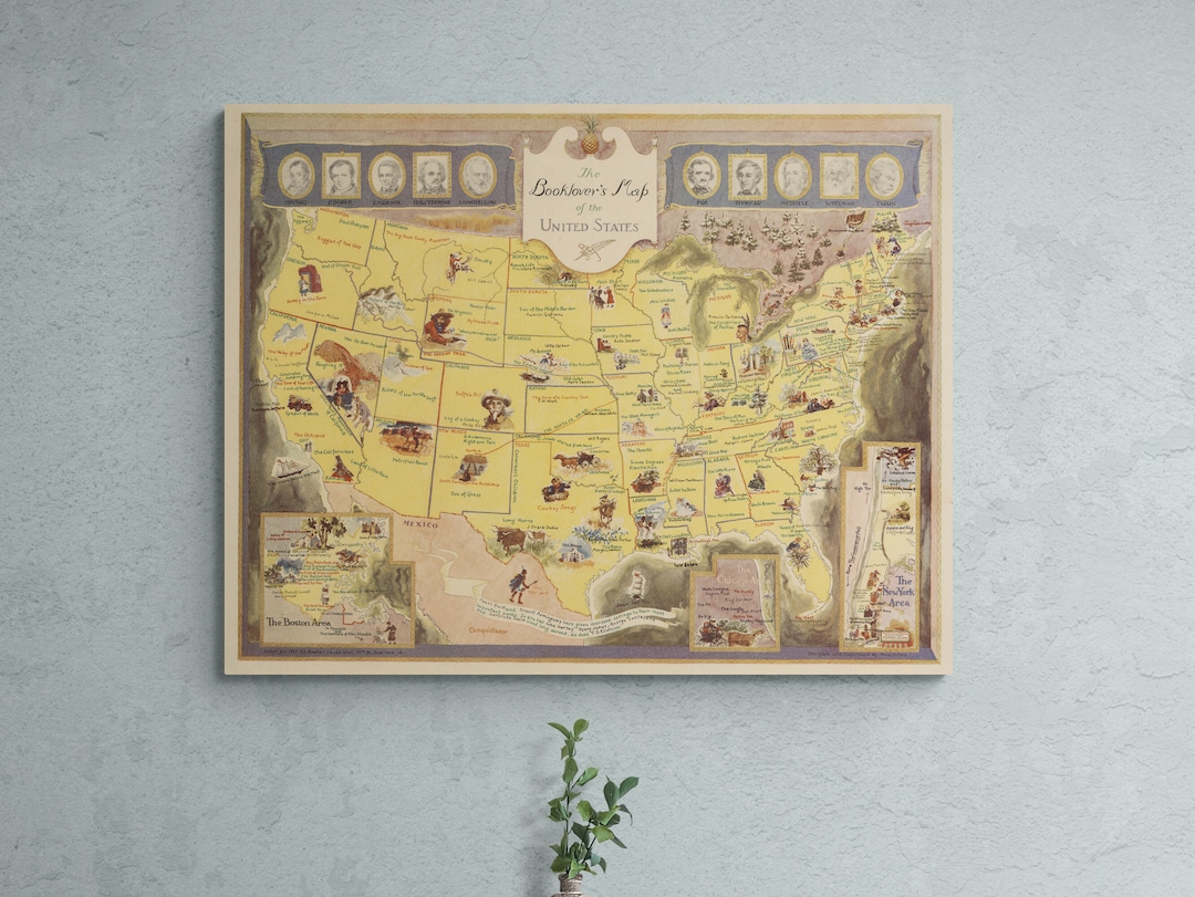 Booklovers Map of the United States 1949 Pictorial America Authors ...