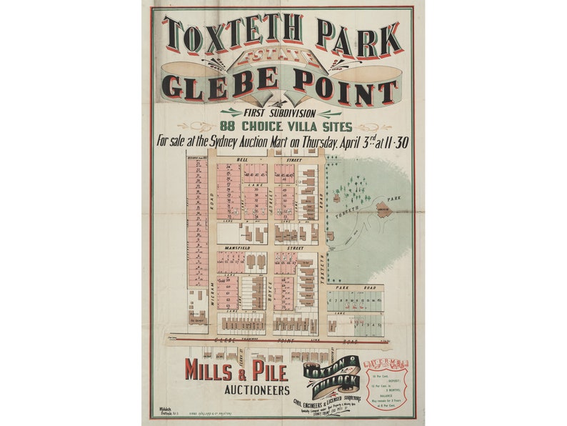 Vintage Map Sydney Glebe Point Estate Sales Map 1890 Toxteth Park ...