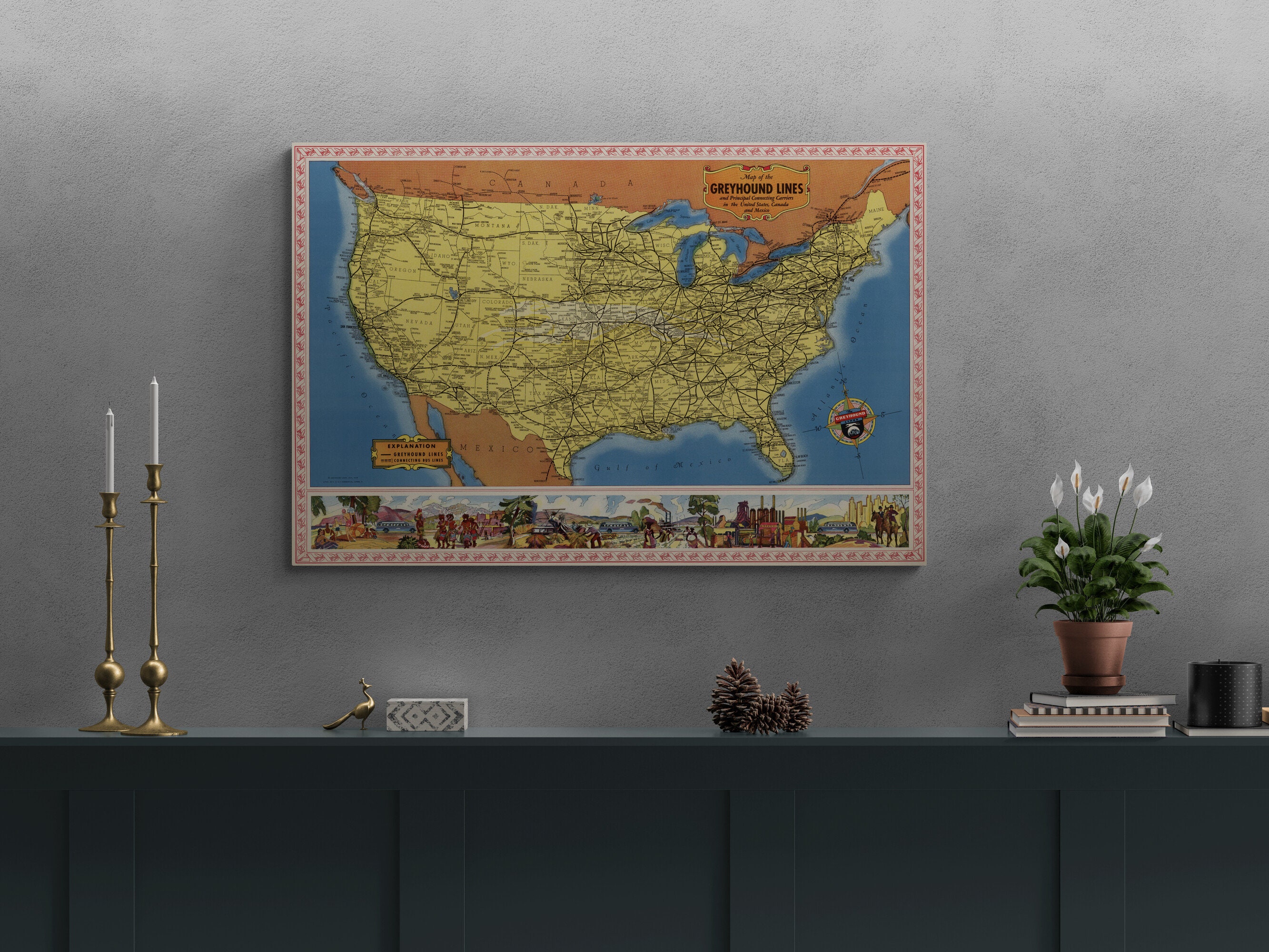 Vintage Greyhound Bus Lines Map 1939 USA Transport Routes A Good ...