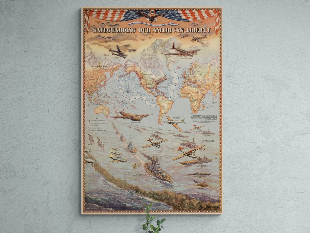 Vintage Military Map 1941 Safeguarding Our American Liberty Warships ...