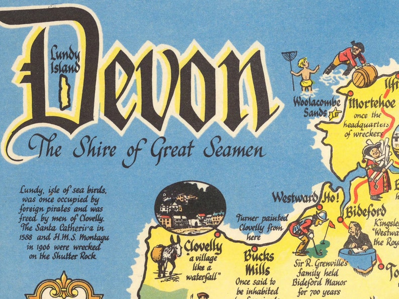 Vintage Devon Map Print: 1955 Old English Shire Retro Wall Art - Etsy