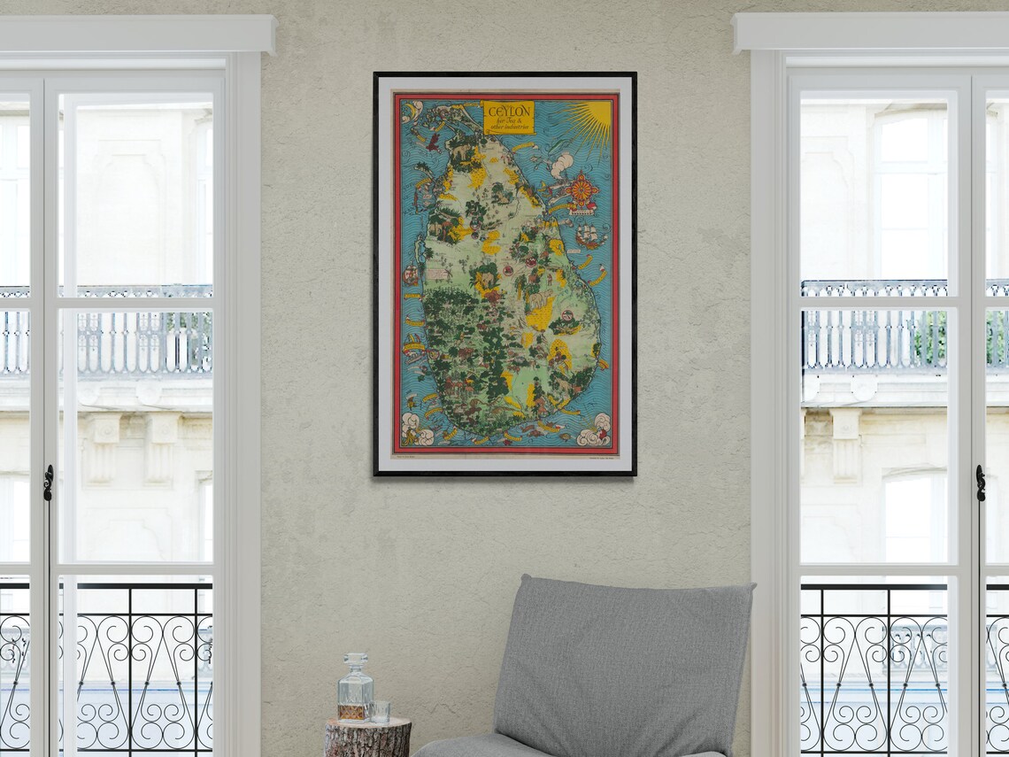 Retro Framed Map Ceylon Tea and Other Industries 1933 Old Sri Lanka Map ...