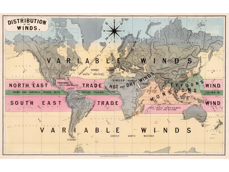 Vintage 1862 Wind Distribution Map: Antique Climate Atlas Poster - Etsy