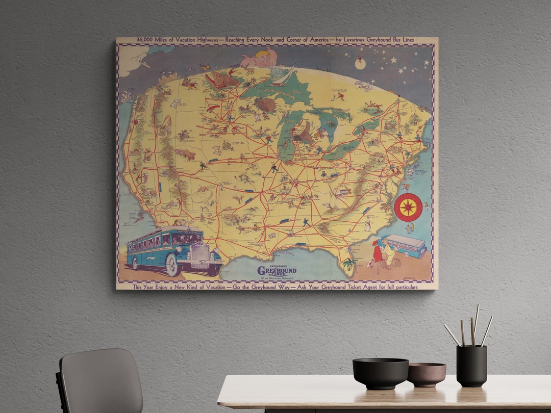 Vintage Greyhound Bus Lines Map of America 1932 Old Travel Map Antique ...
