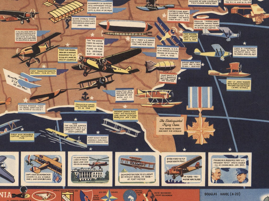 1943 Aviation History Map Poster: Vintage Aircraft Panorama Art - Etsy