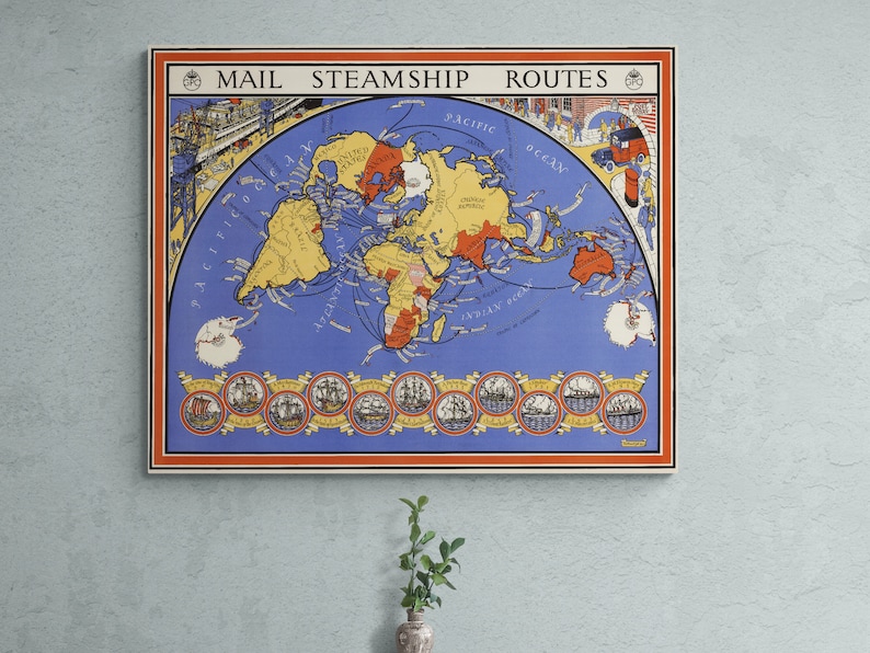 Vintage 1937 Steamship Routes World Map: Retro English Postal Art Print ...