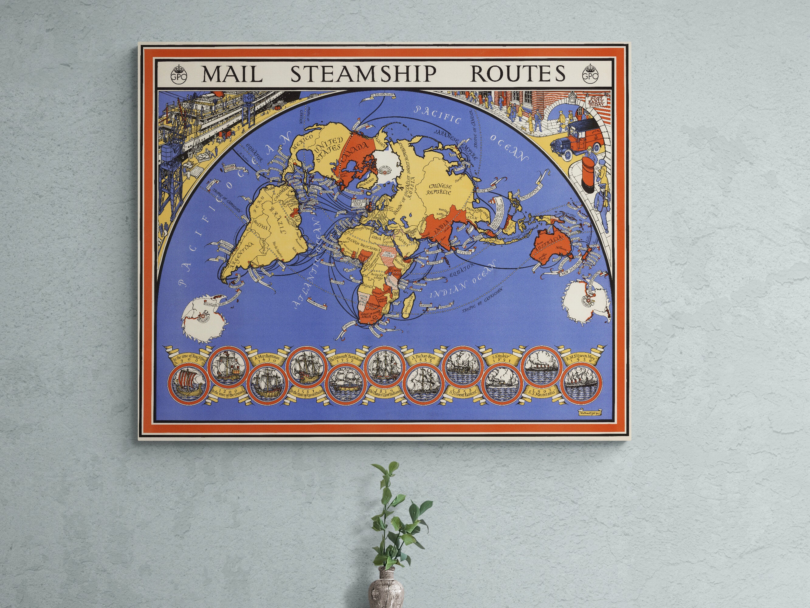 Vintage 1937 Steamship Routes World Map: Retro English Postal Art Print ...