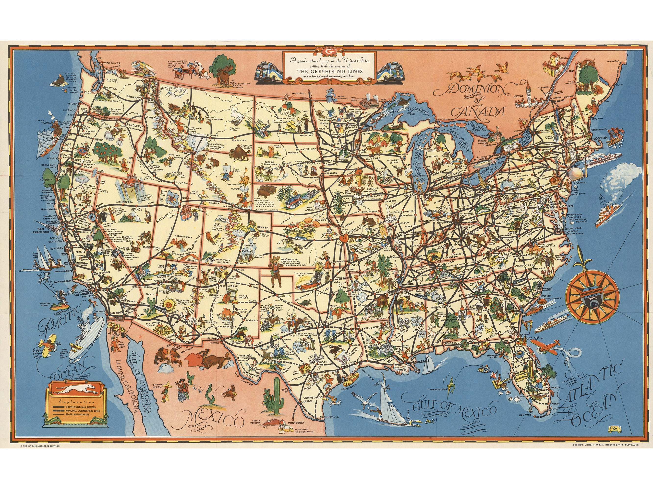 Vintage Greyhound Bus Lines Map 1939 USA Transport Routes A Good ...