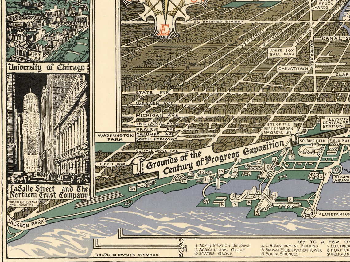 Vintage Map of Chicago 1933 American History Pictorial Birdseye ...