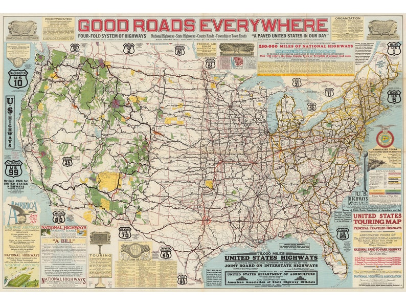Old Map of USA Highways 1926 Good Roads Everywhere Road Atlas Touring ...