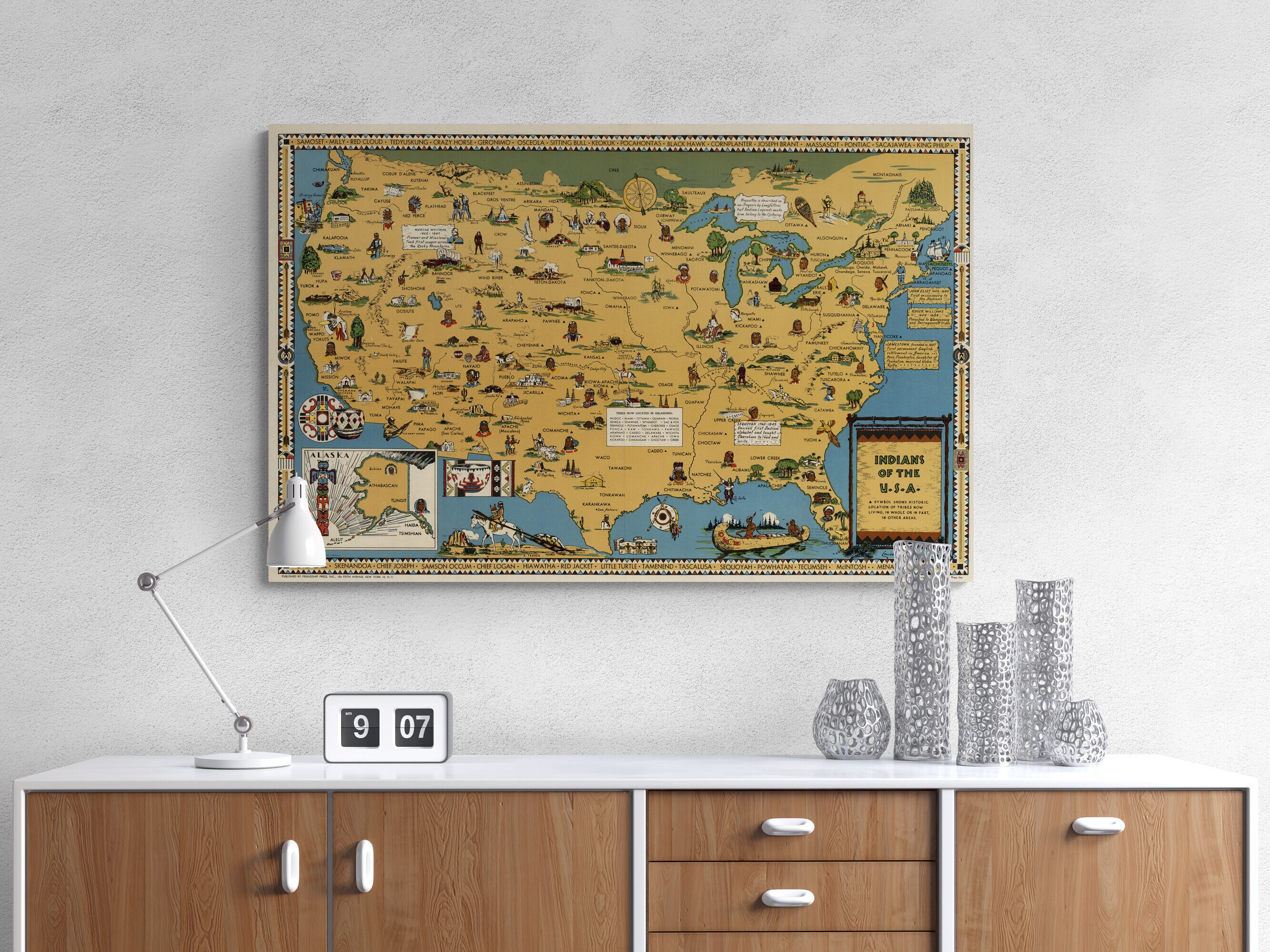 Indians of the USA Historical Map Print Pictorial of Native Americans ...