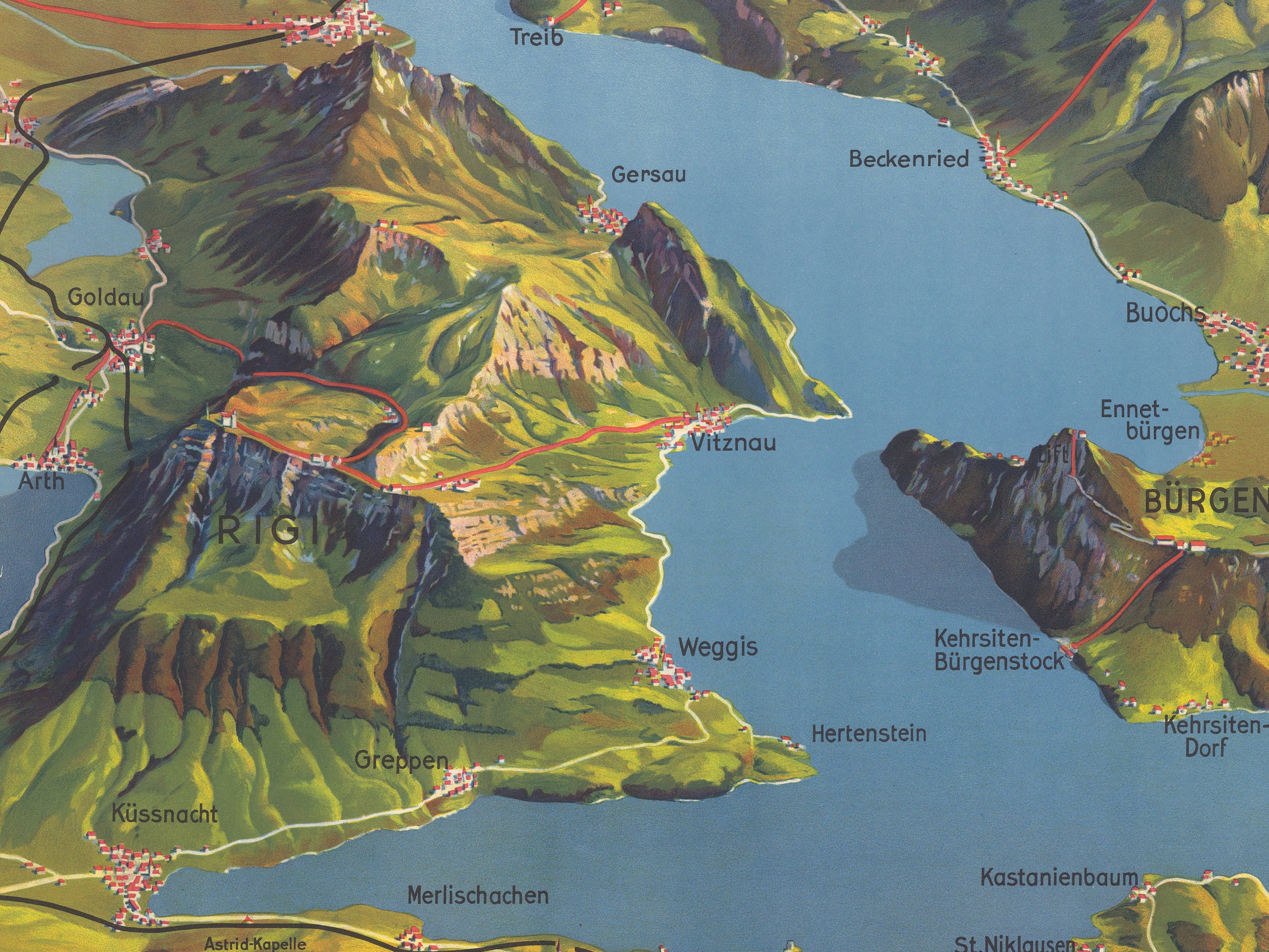 Retro Travel Map of Lake Lucerne Switzerland 1935 Lac Des Quatre ...