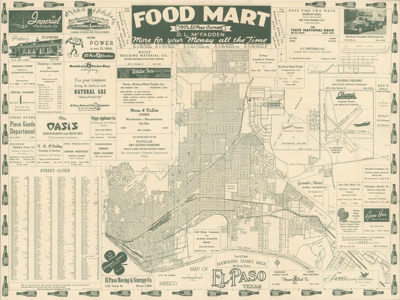 Vintage El Paso Texas Map Poster 1950: Retro Americana Wall Art - Etsy