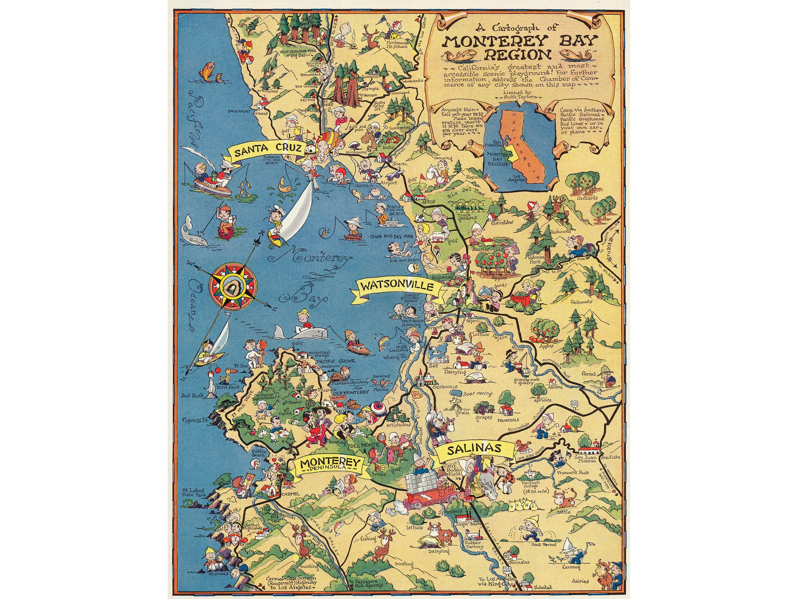 Vintage Monterey Bay Map Print: 1932 Illustrated Pictorial Poster - Etsy