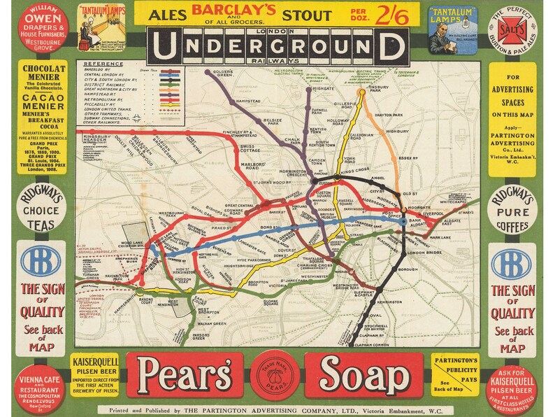 1908 London Underground Map Print: Vintage Tube Railway Poster - Etsy ...