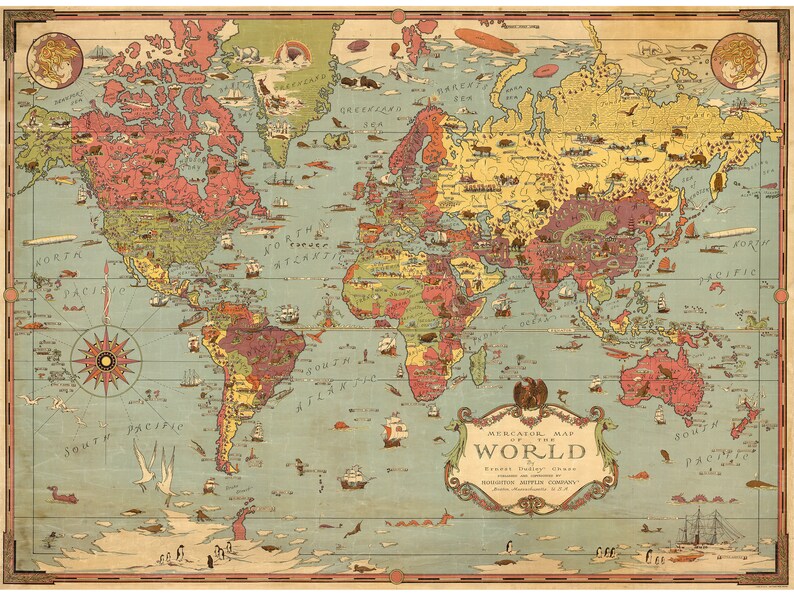 1931 Mercator World Map Print: Retro Pictorial Wall Art - Etsy