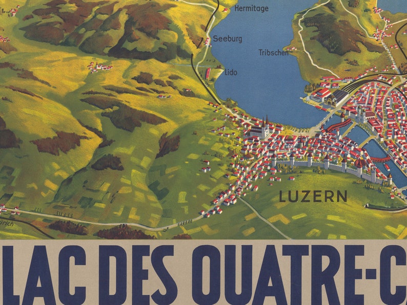 Retro Travel Map of Lake Lucerne Switzerland 1935 Lac Des Quatre ...