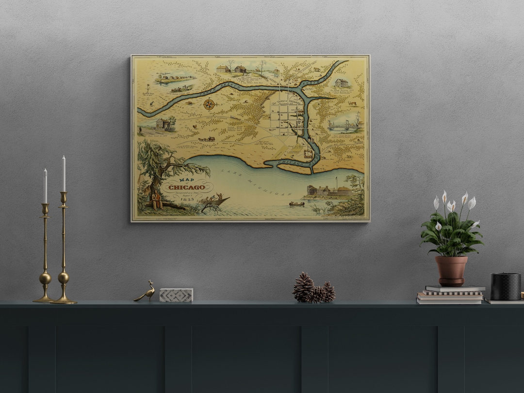 Vintage Pictorial Map of Chicago 1833 Illustrated American History Lake ...