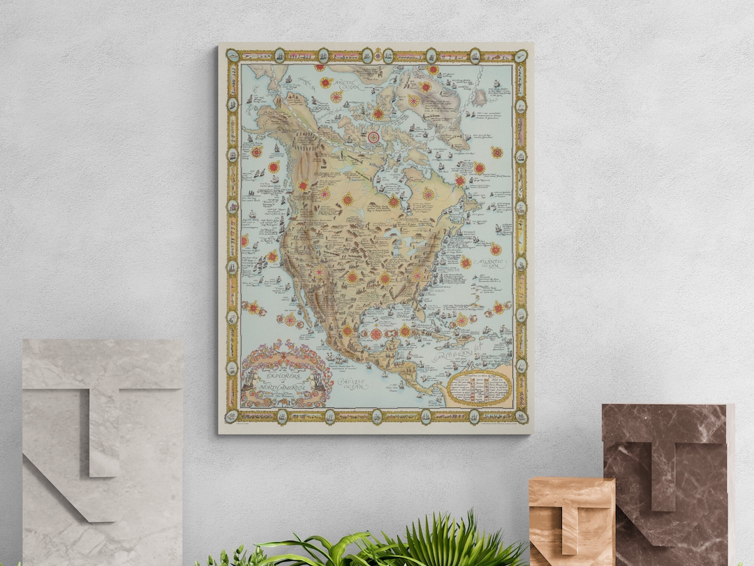 Vintage Map Explorers of North America Old Classroom Map Antique ...
