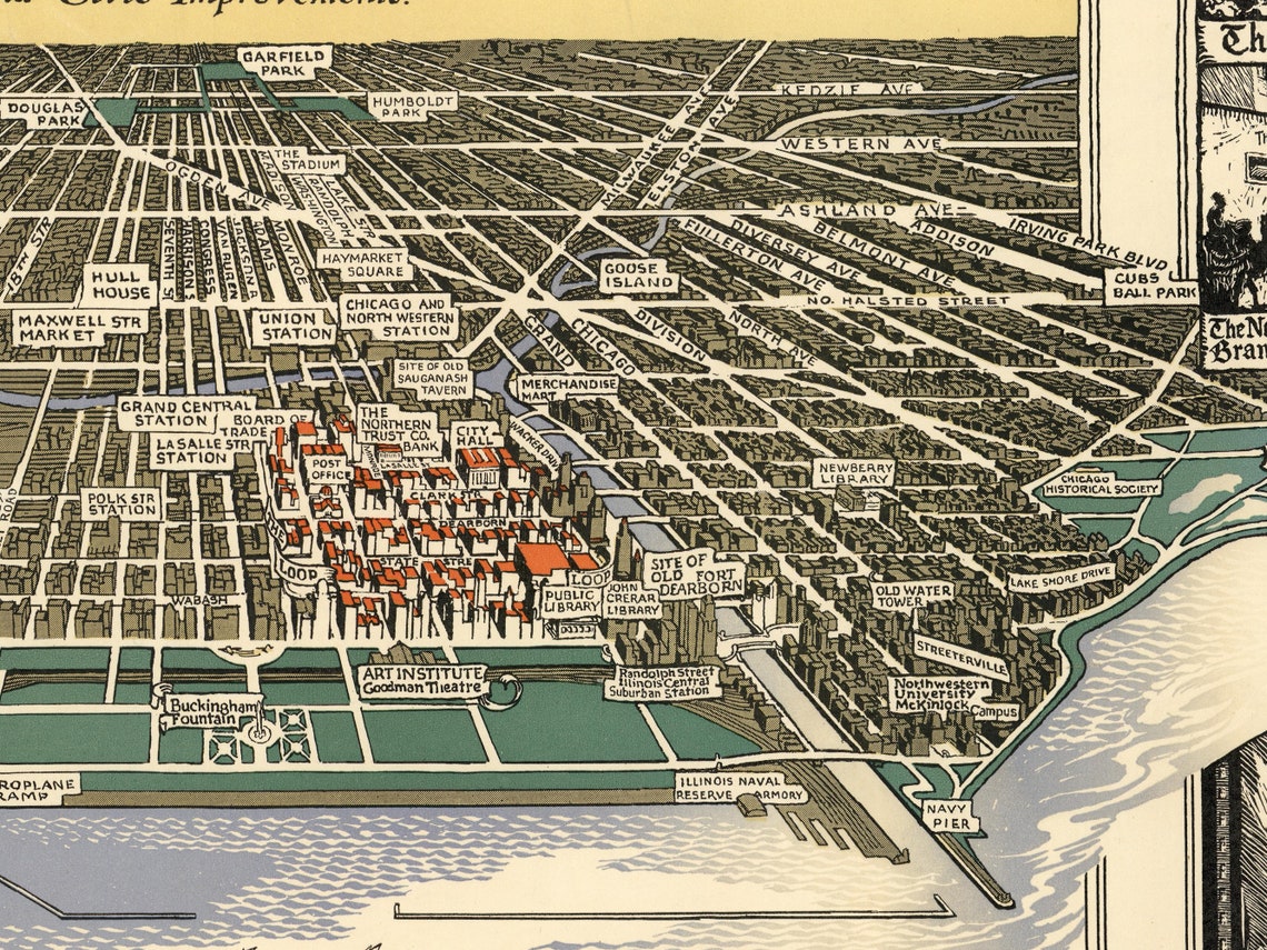 Vintage Map of Chicago 1933 American History Pictorial Birdseye ...