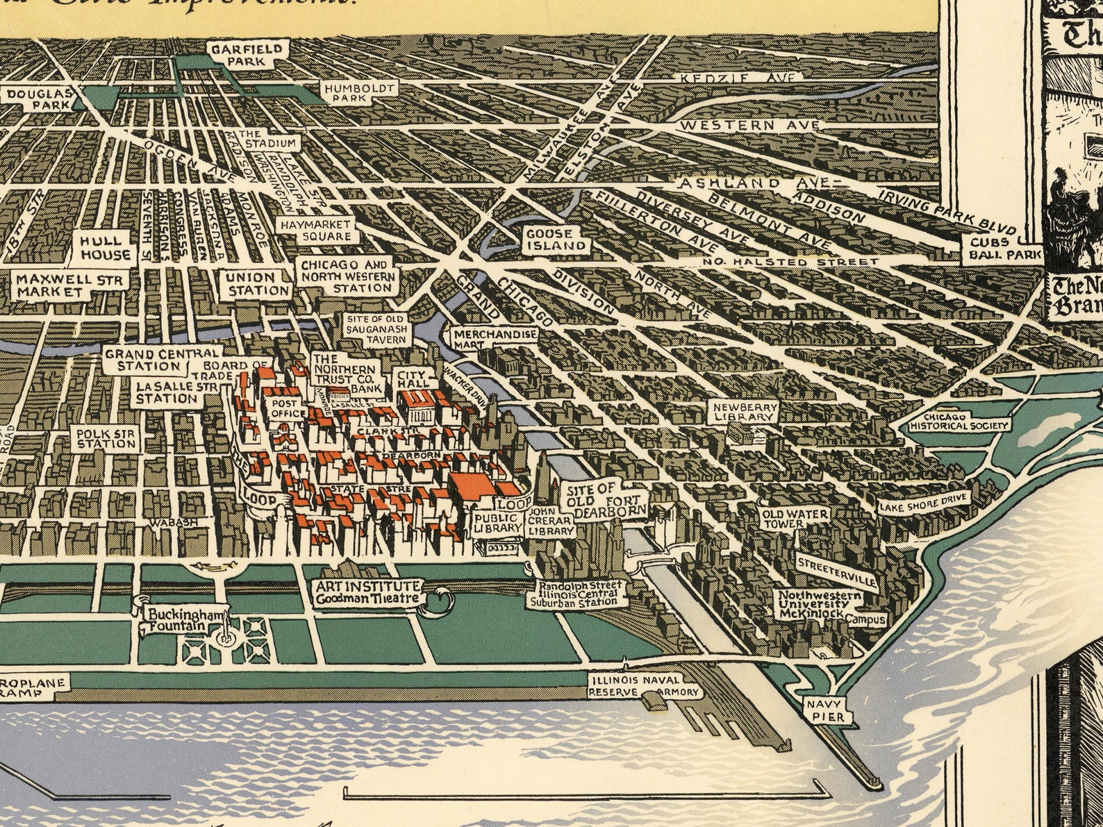 Vintage Map of Chicago 1933 American History Pictorial Birdseye ...