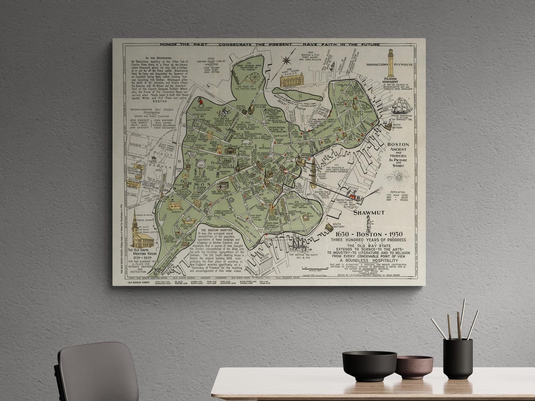 Old Boston Map Shawmut 1930 – Illustrated Massachusetts History Print ...