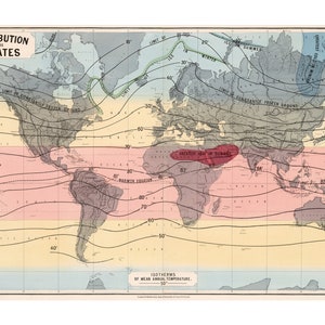 Vintage Map Distribution of the Climates 1862 Old World Map Antique ...