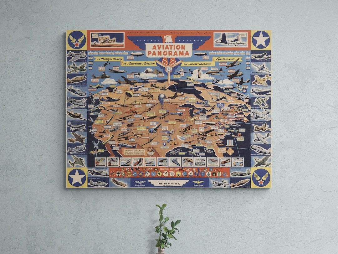 Vintage Map 1943 Pictorial History of American Aviation Wall Art ...