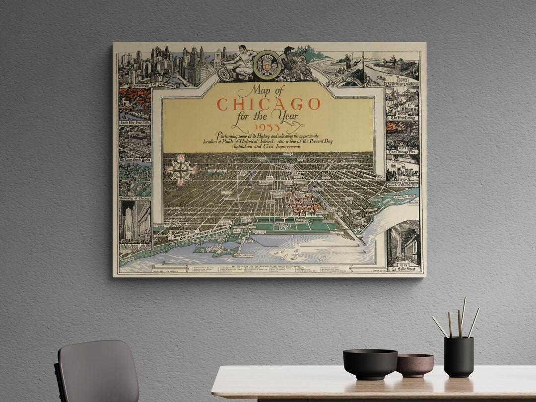 Vintage Chicago Map 1933: Pictorial Illinois Street Art Poster - Etsy