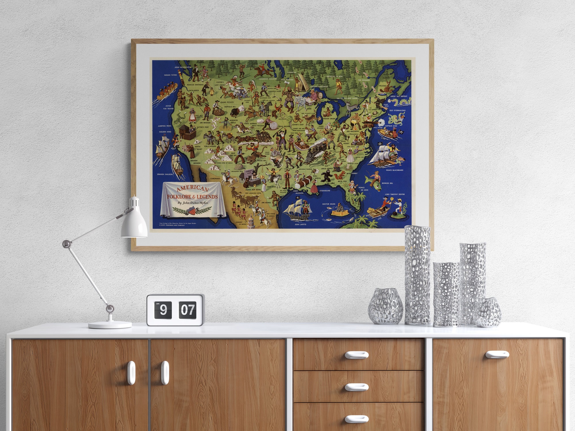 Vintage Map American Folklore and Legends USA History Illustrated Local ...