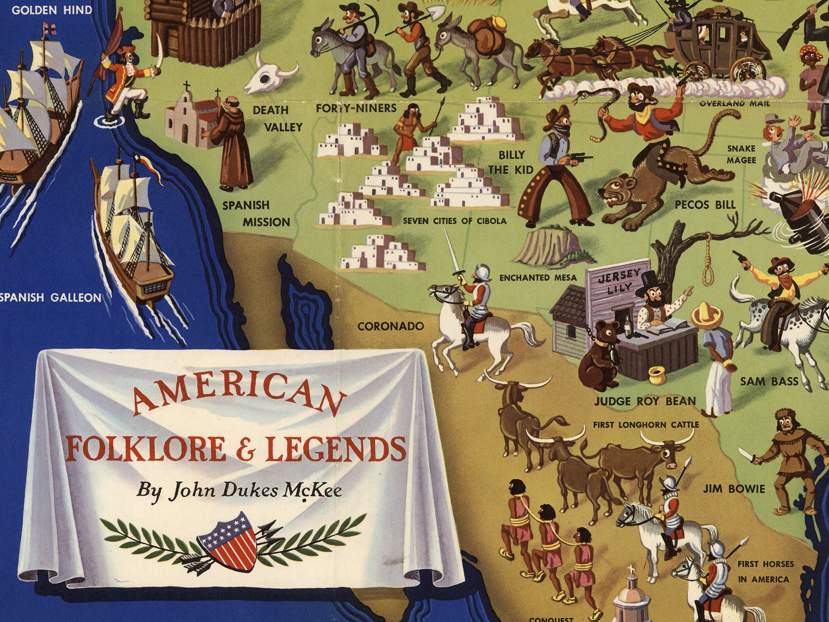 Vintage Map American Folklore and Legends USA History Illustrated Local ...