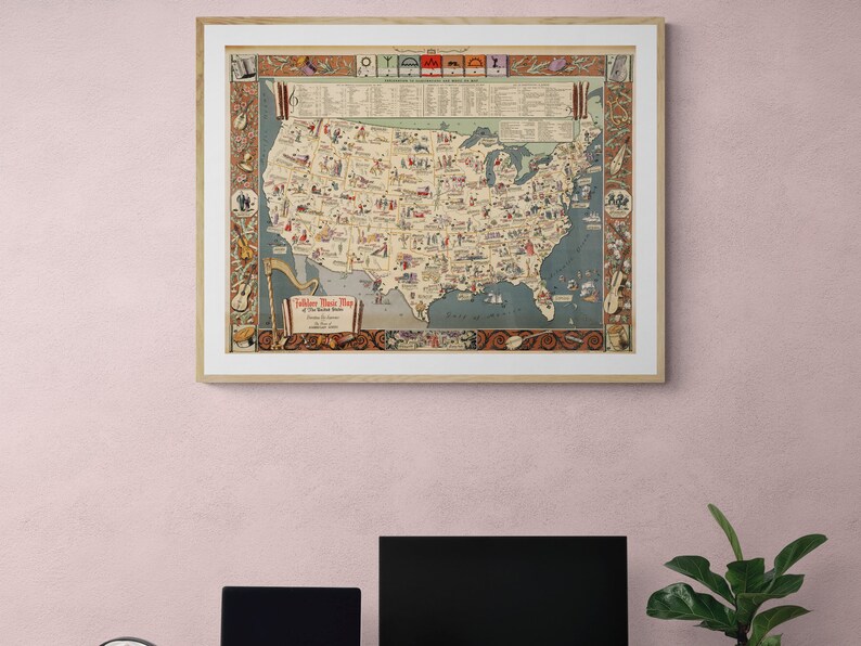 Old Pictorial Folklore Music Map of the United States 1946 American ...