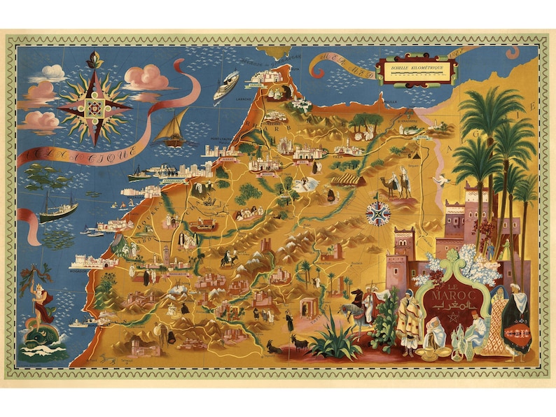 Vintage 1948 Morocco Map Print: Antique Illustrated Le Maroc Poster ...