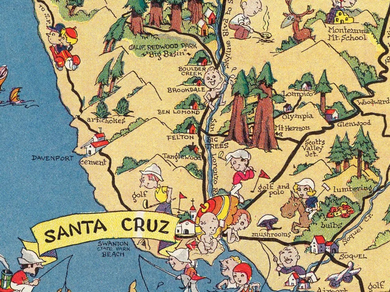 Vintage Monterey Bay Map Print: 1932 Illustrated Pictorial Poster - Etsy