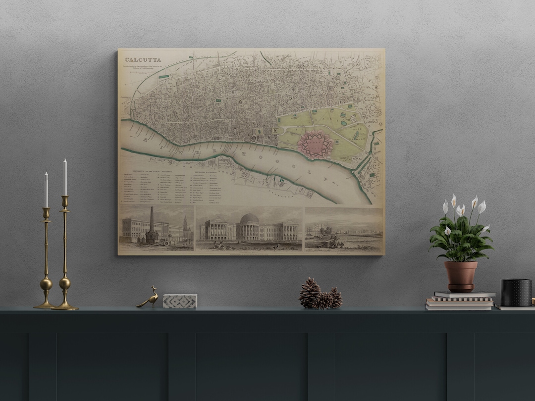 Vintage Calcutta Kolkata India Map Print: 1842 Fort William Street Map ...