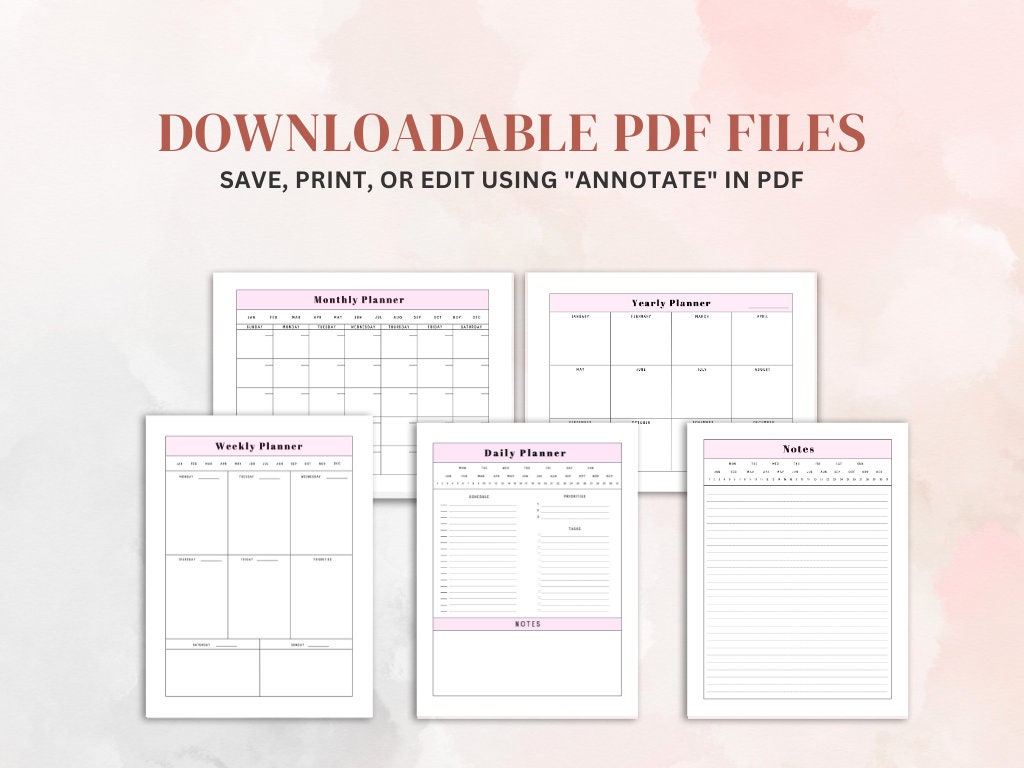 Pink Printable Productivity Planner Bundle Daily Weekly Monthly Yearly ...