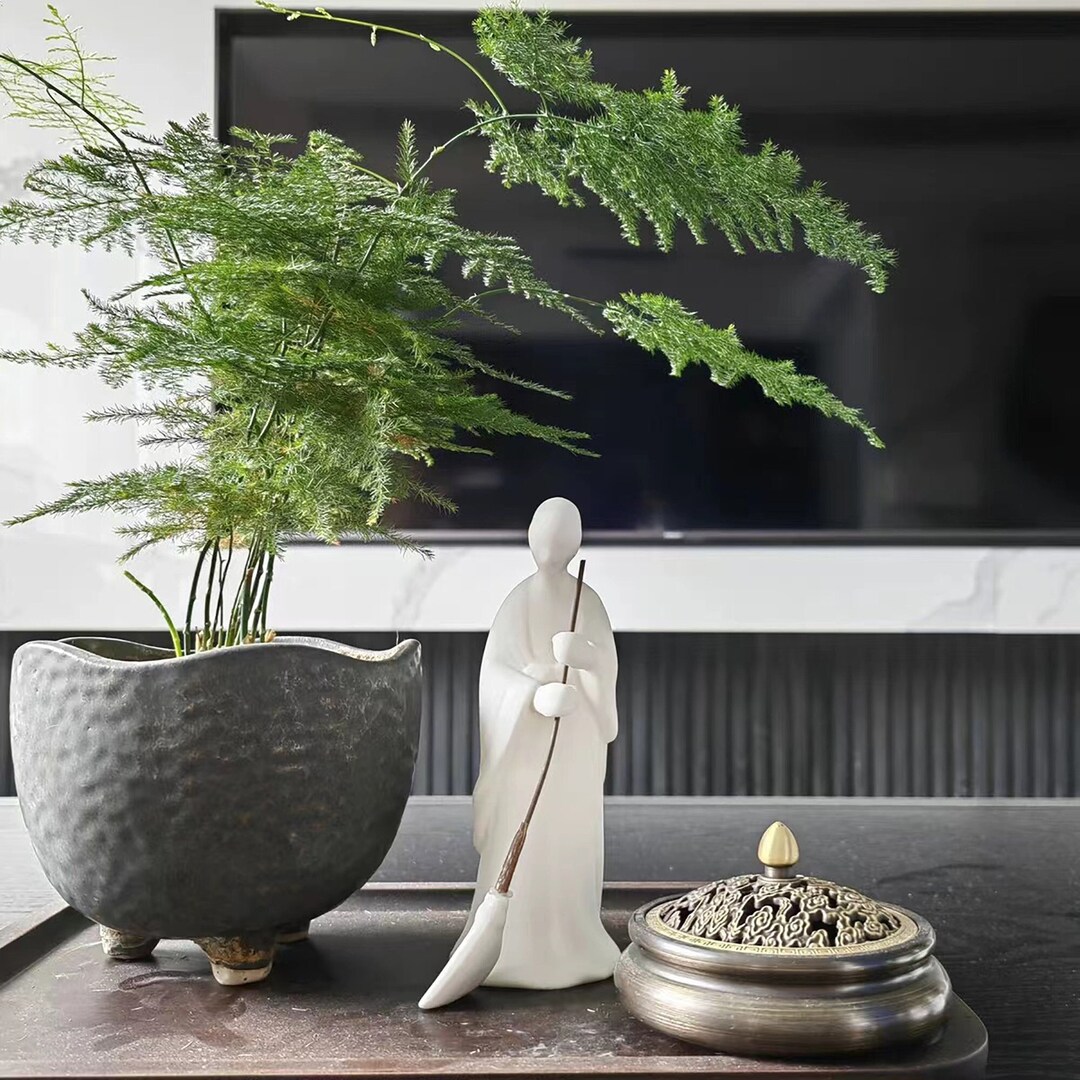 White Ceramic Sweeping Monk Statue Zen Gift Idea Zen Décor Bonsai Décor ...